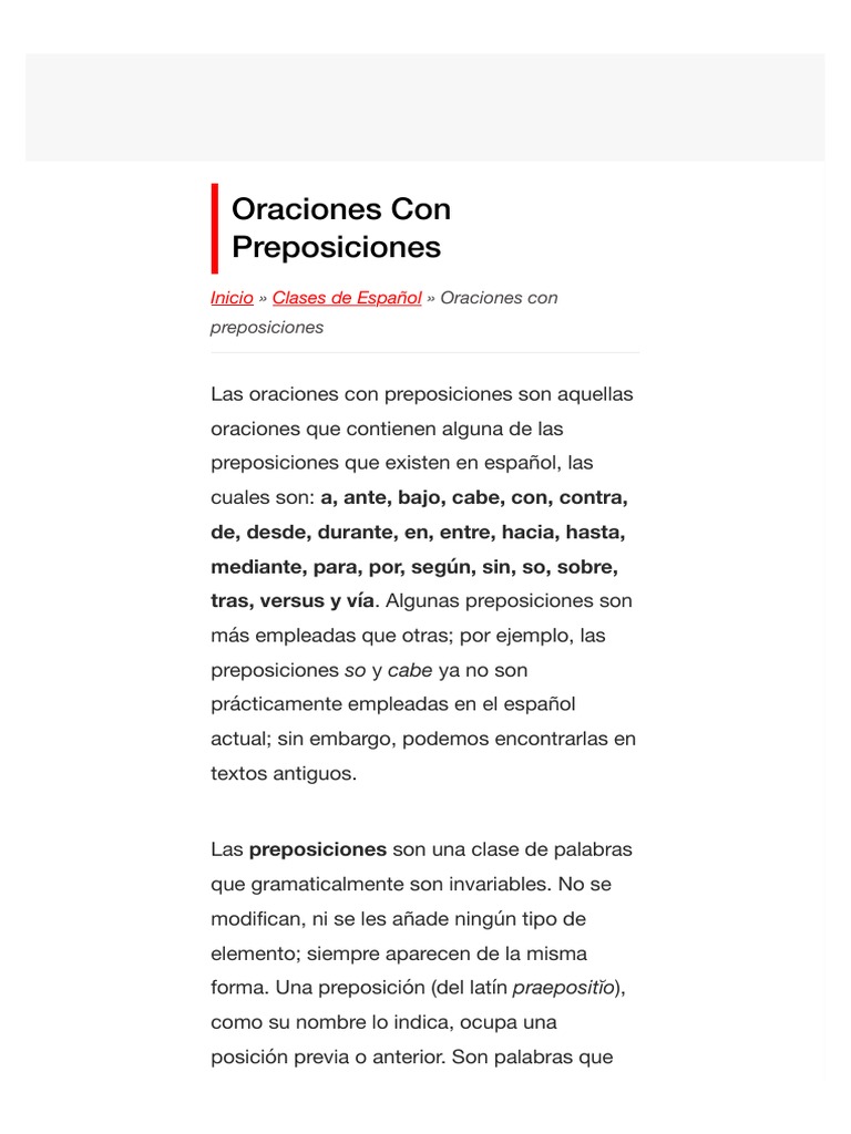 Ejemplos de Oraciones con Preposiciones | PDF | Preposición y ...