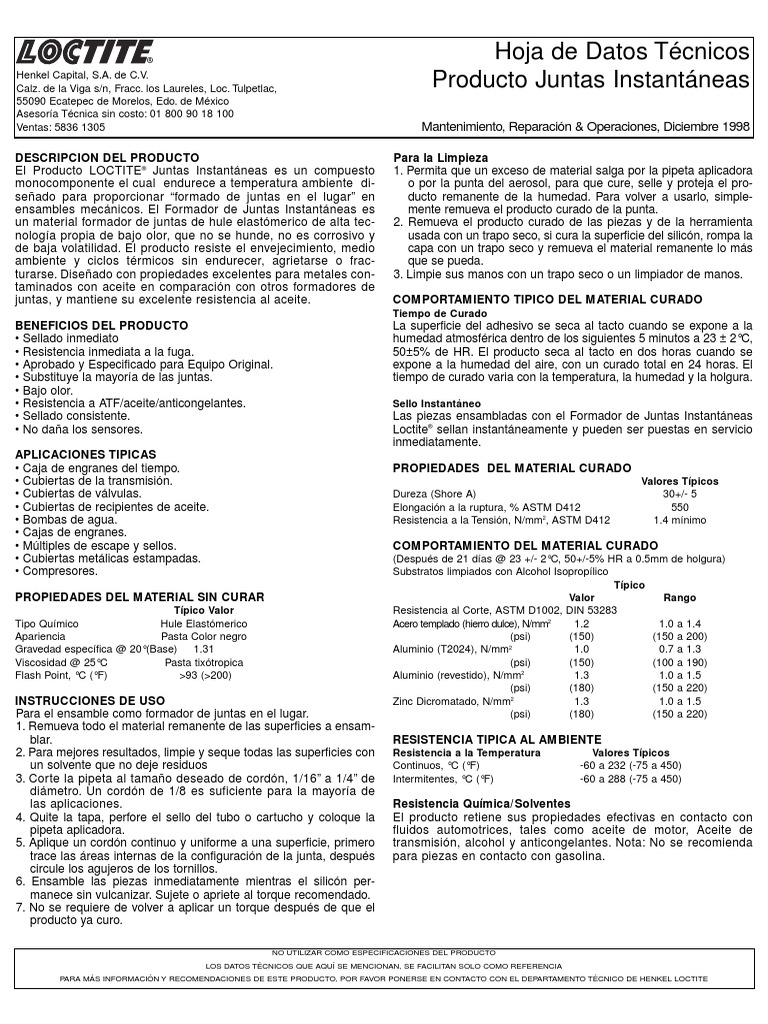 Ficha Tecnica Juntas Instantaneas Loctite | PDF | Patentar | Ciencias fisicas