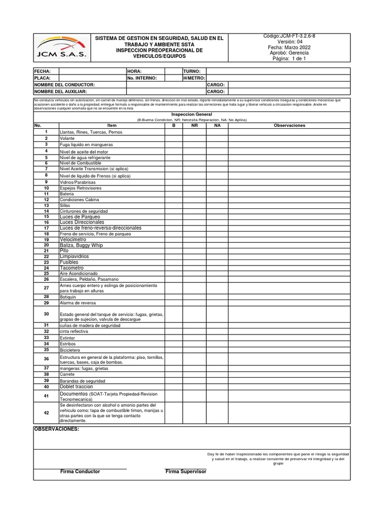 Inspeccion Preoperacional de Vehiculos | PDF | Vehículos | Transporte Inspeccion Preoperacional de Vehiculos | PDF | Vehículos | Transporte
