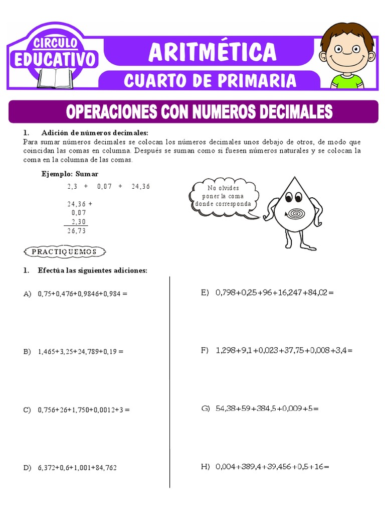 Operaciones Con Numeros Decimales para Cuarto de Primaria | PDF ...