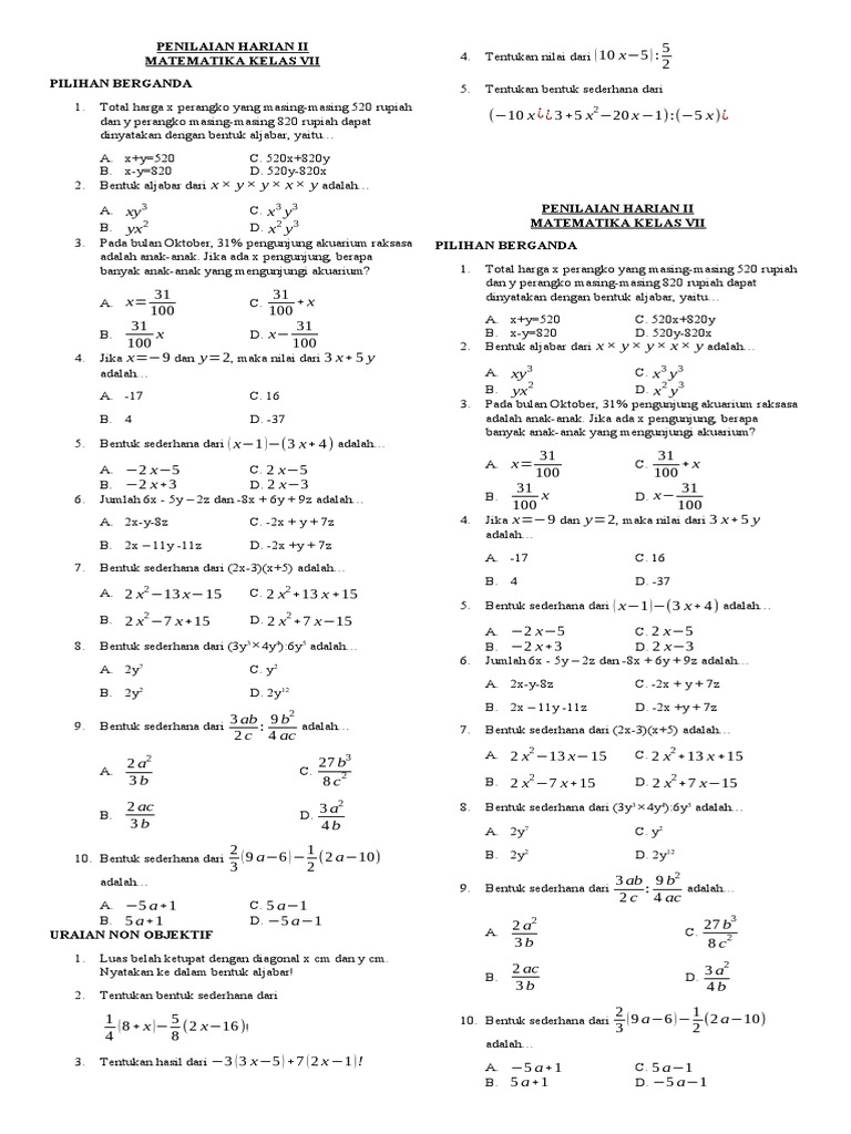 Soal Matematika Kelas VII: Aljabar dan Operasi | PDF
