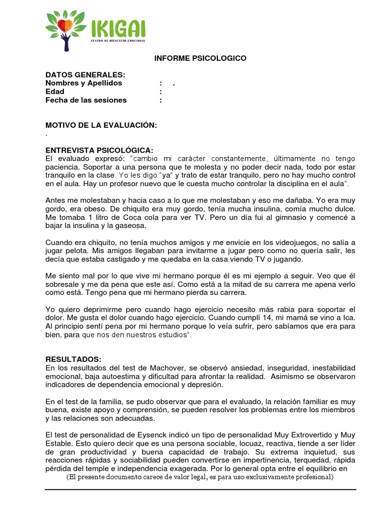 INFORME PSICOLOGICO.Id VERSIÓN PRUEBA | PDF | Las emociones | Depresión (estado de ánimo)