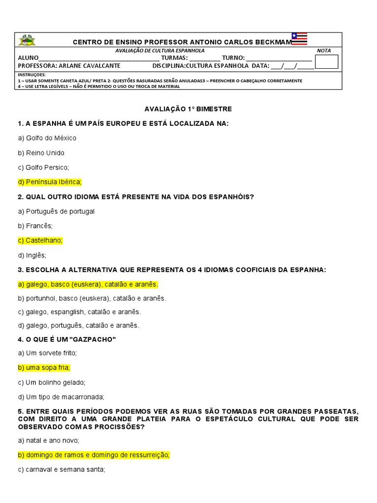 PROVA CULTURA ESPANHOLA 2º BIM 1º ANO - Cópia | PDF