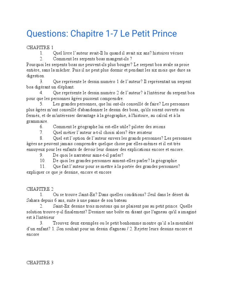 Questions Chapitres 1 à 7 Le Petit Prince | PDF