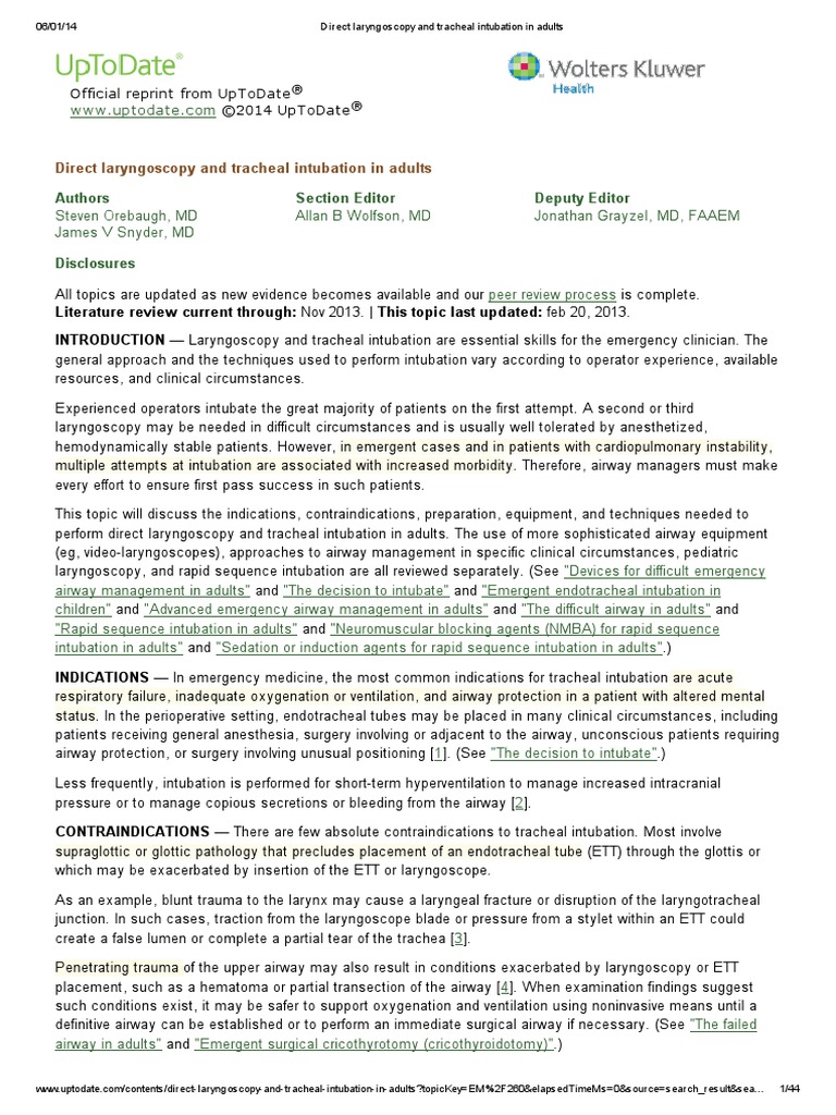 Direct laryngoscopy and tracheal intubation in adults | PDF