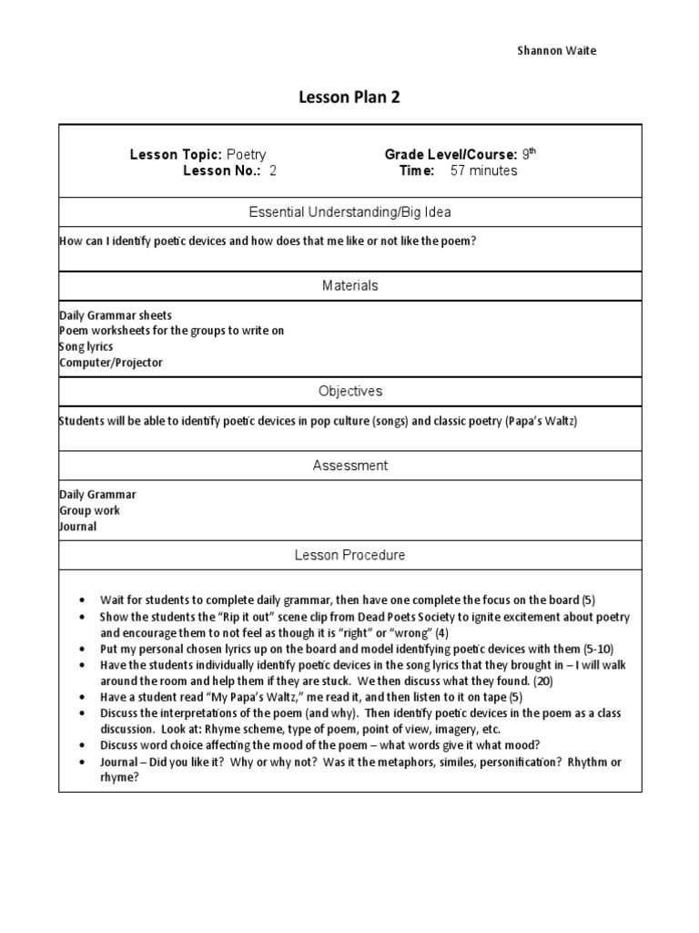 Poetry Lesson 2 | PDF | Language Arts & Discipline | Poetry