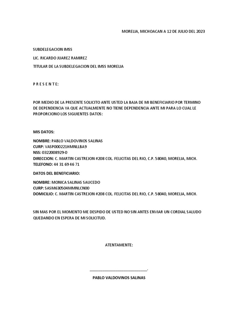 Baja de Beneficiario Imss | PDF