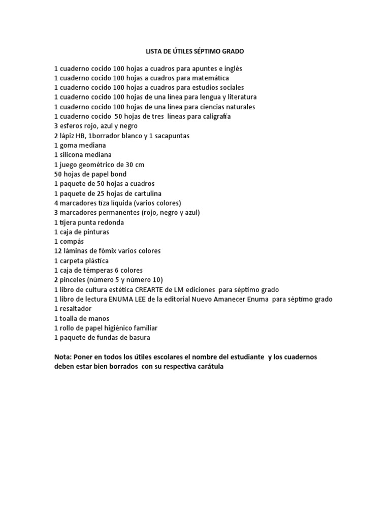 Lista de Útiles Séptimo Grado | PDF