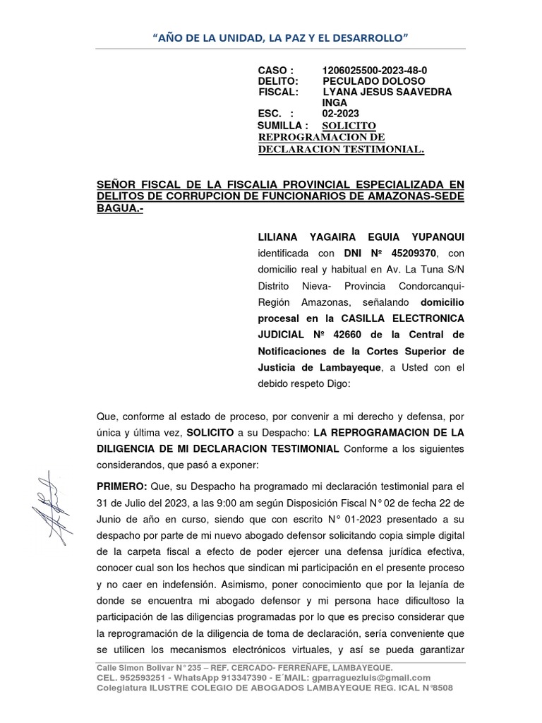 Escrito de Reprogramacion de Tomade Declaracion | PDF | Fiscal ...