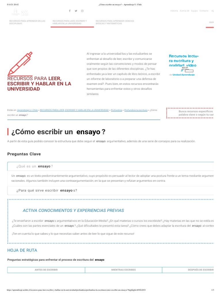 ¿Cómo Escribir Un Ensayo - Aprendizaje U. Chile | PDF