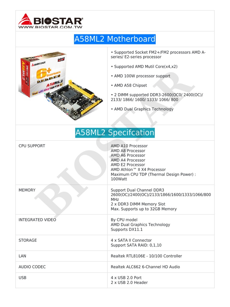 Biostar A58ml2 Spec | PDF | Bios | Electrostatic Discharge