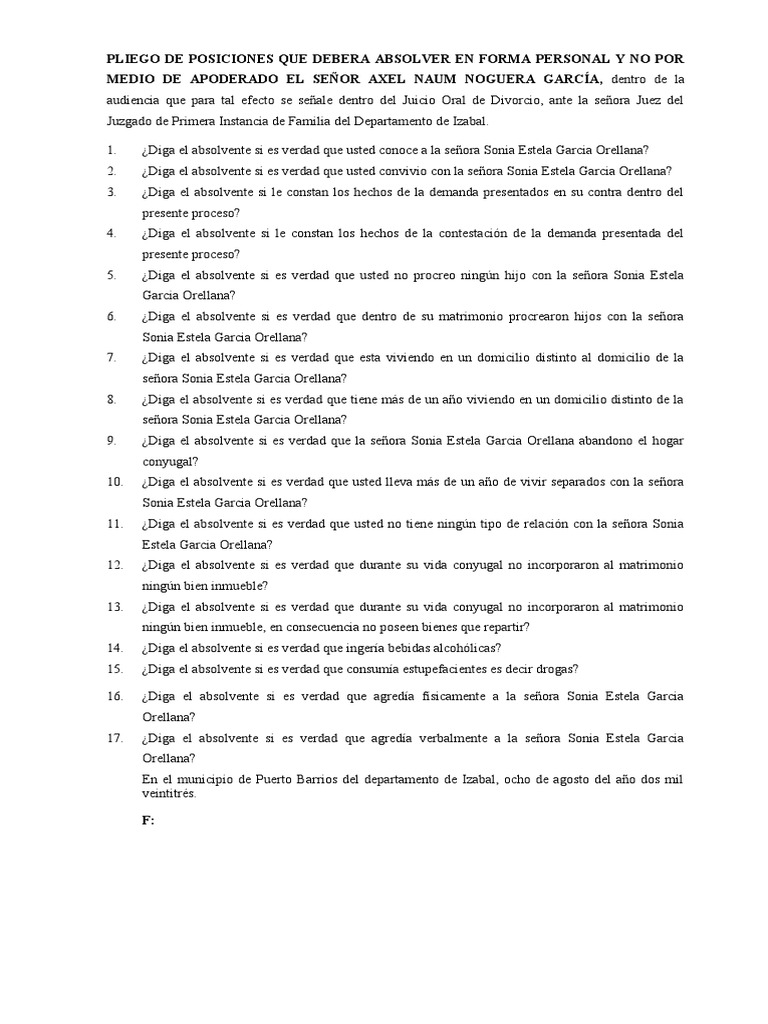 PLIEGO DE POSICIONES DIVORCIO | PDF