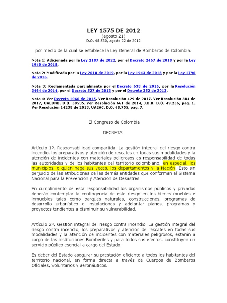 Ley 1575 de 2012 | PDF | Bombero | Colombia