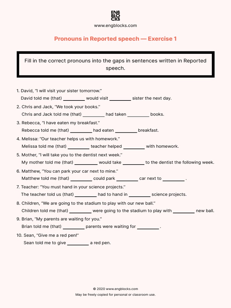 Pronouns in Reported Speech Exercise 1 | PDF Pronouns in Reported Speech Exercise 1 | PDF