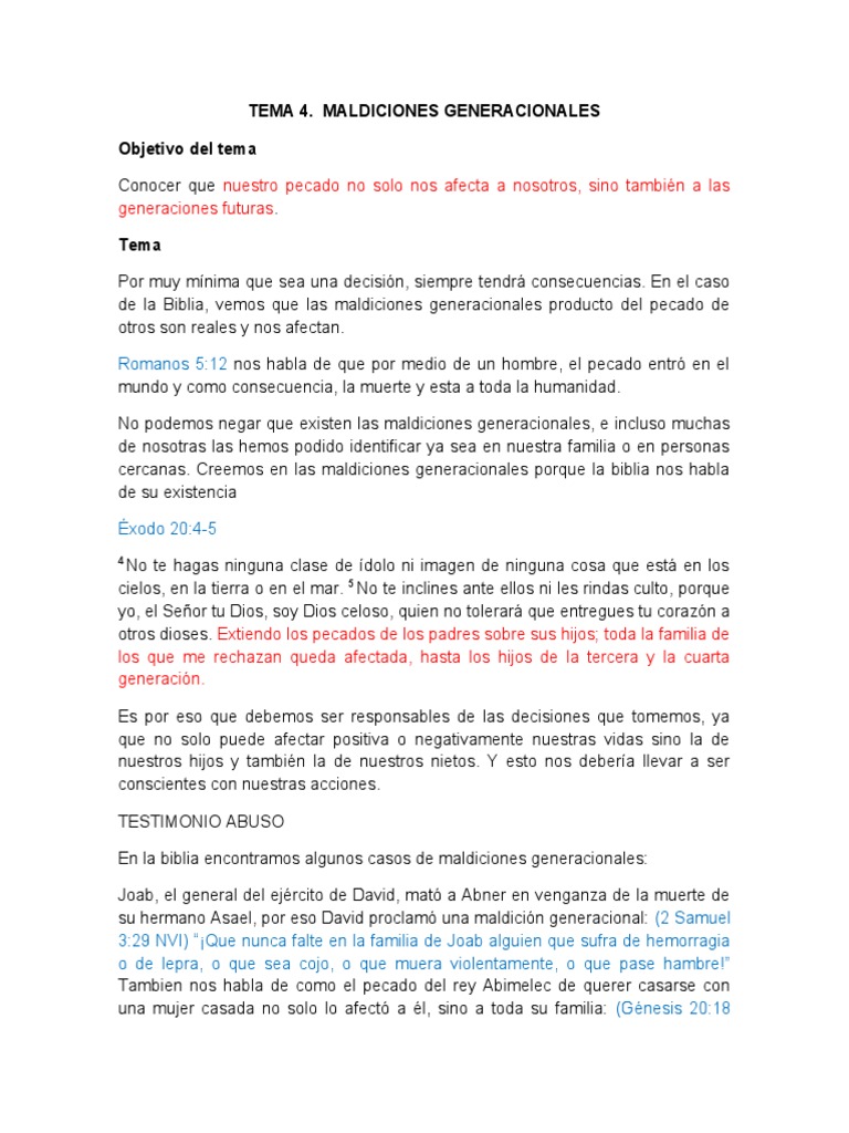 Tema 4 Maldiciones Generacionales Pdf Pecado Maldición