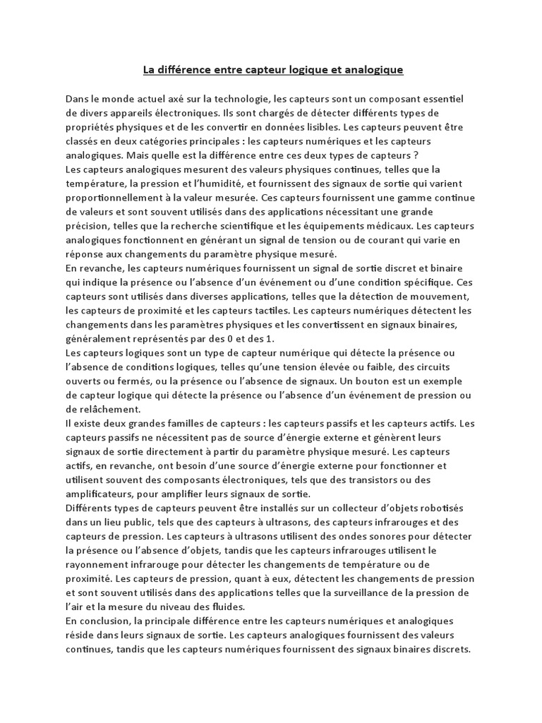La Différence Entre Capteur Logique Et Analogique | PDF | Capteur ...