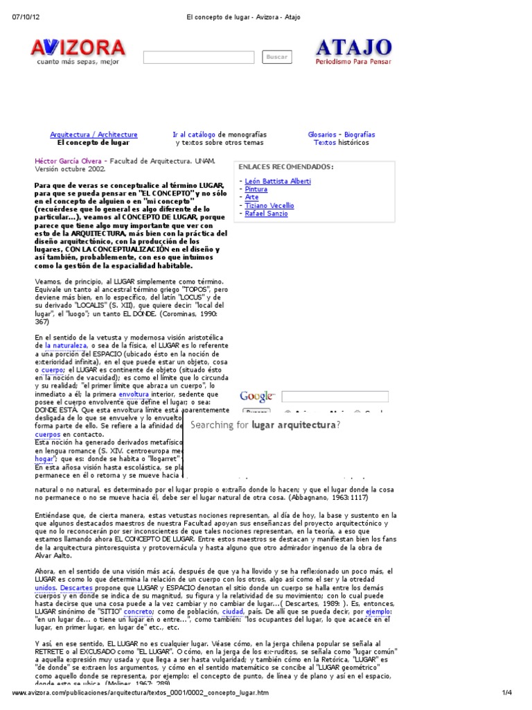 El Concepto de Lugar - Avizora - Atajo | PDF | utopía | Crítica de la razón pura