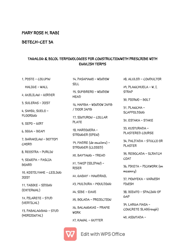 Tagalog & Bicol Terminologies | PDF | Components | Building Materials