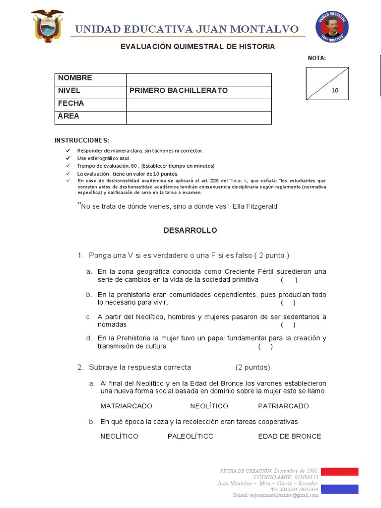 Evaluación Quimestral de Historia 1 | PDF