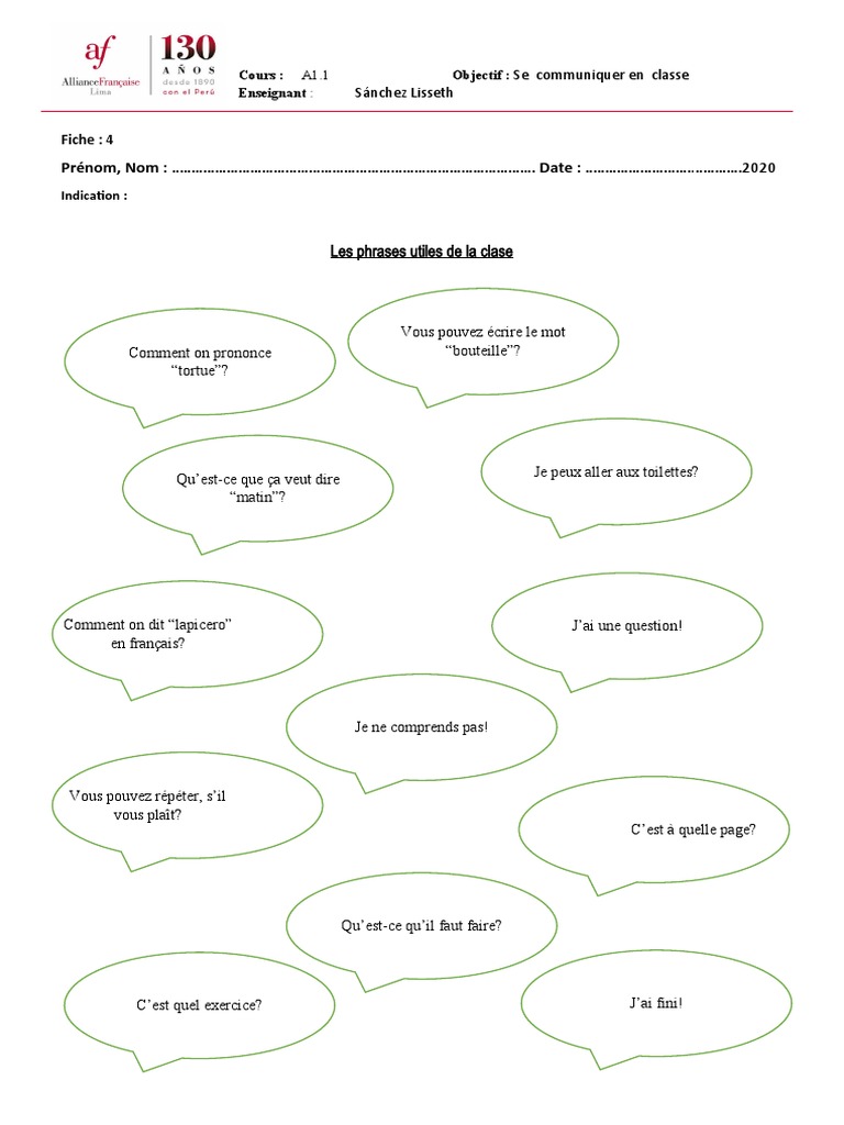 Phrases utiles pour la classe A1.1 | PDF