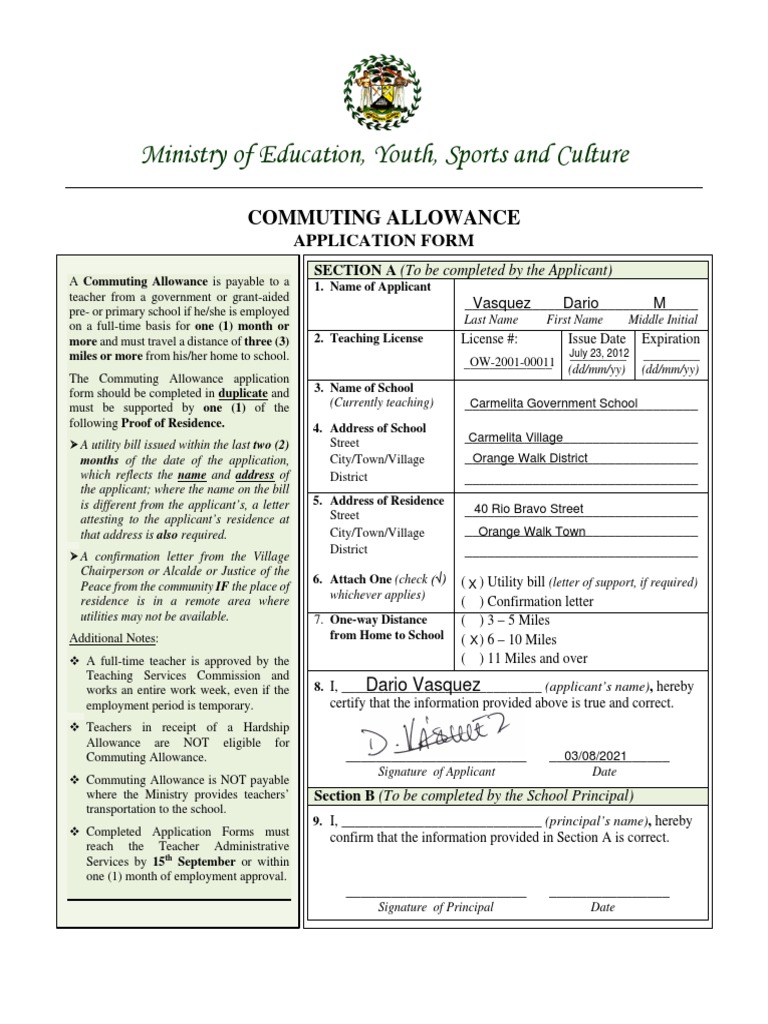 Commuting Allowance Form Revised - 2019-Dario-Vasquez-2021 | PDF | Finance & Money Management