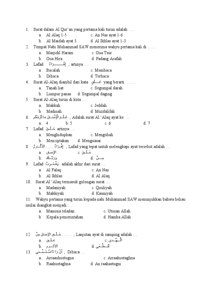 Soal Al Quran Hadist Kelas 5 | PDF