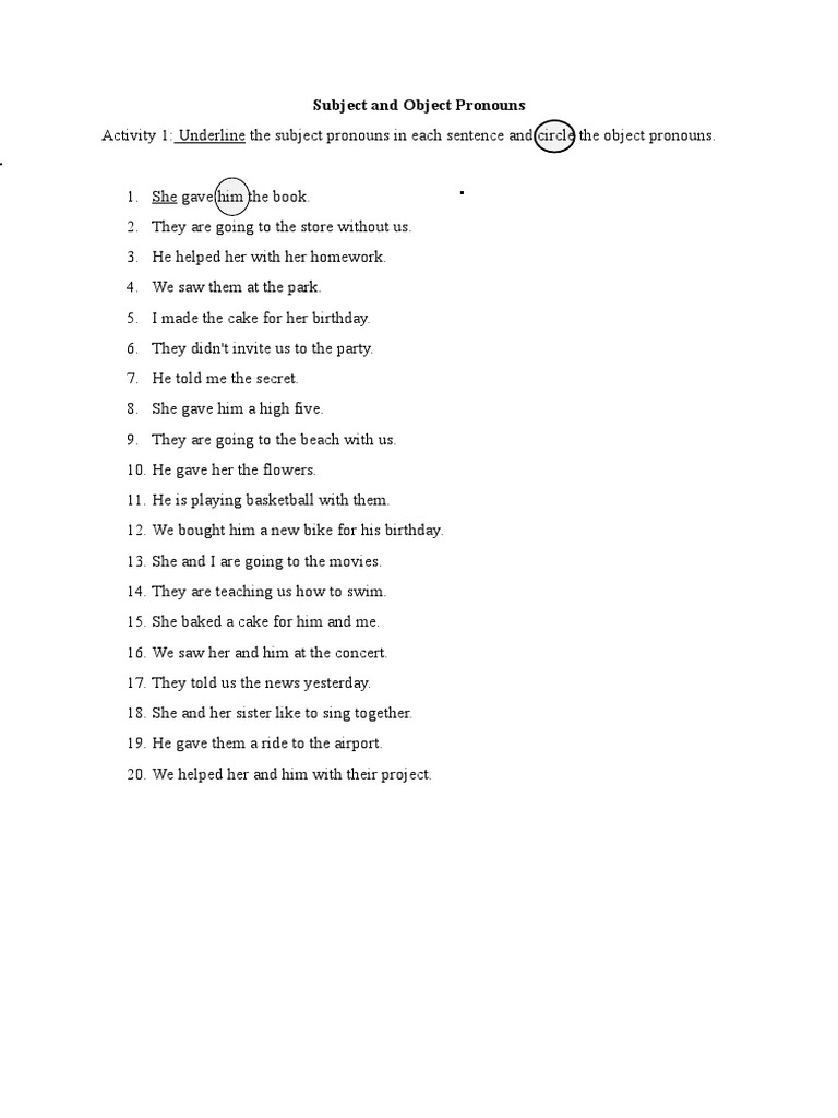Subject and Object Pronouns Worksheet | PDF | Languages | Foreign ...