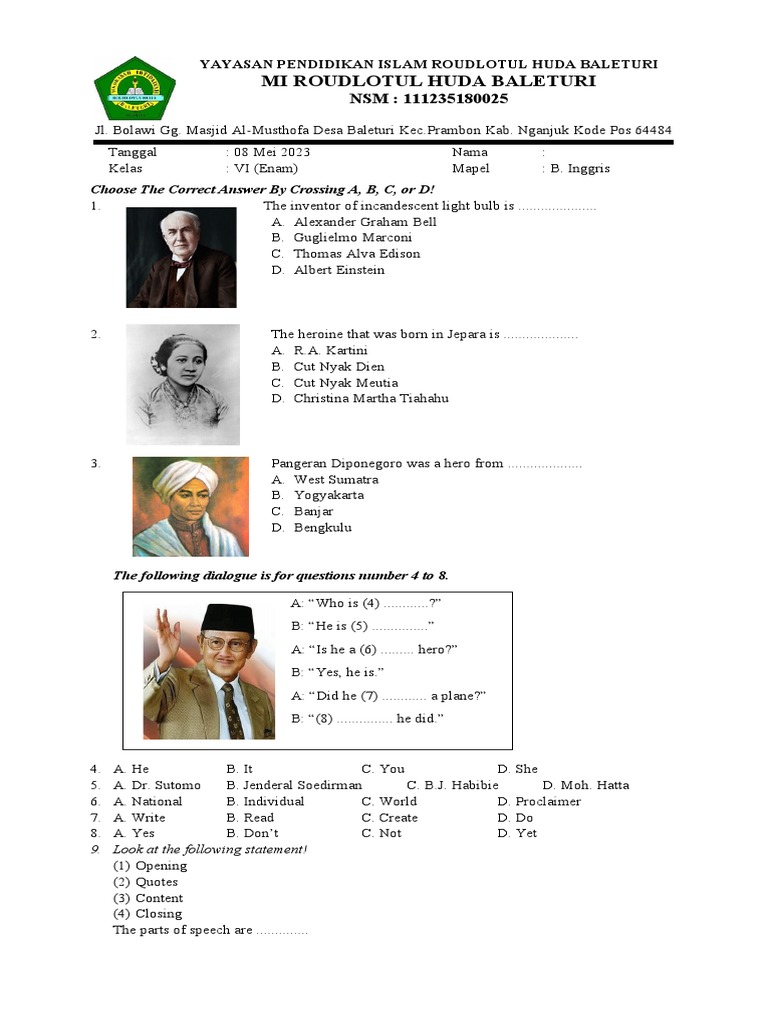 Soal Bahasa Inggris Assessment Madrasah Kelas 6 | PDF | Leonardo Da Vinci | Marie Curie