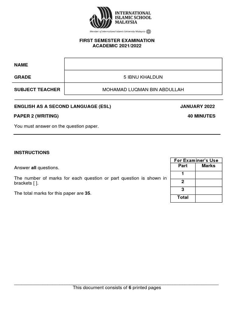 ESL Grade 5 Paper 2 | PDF