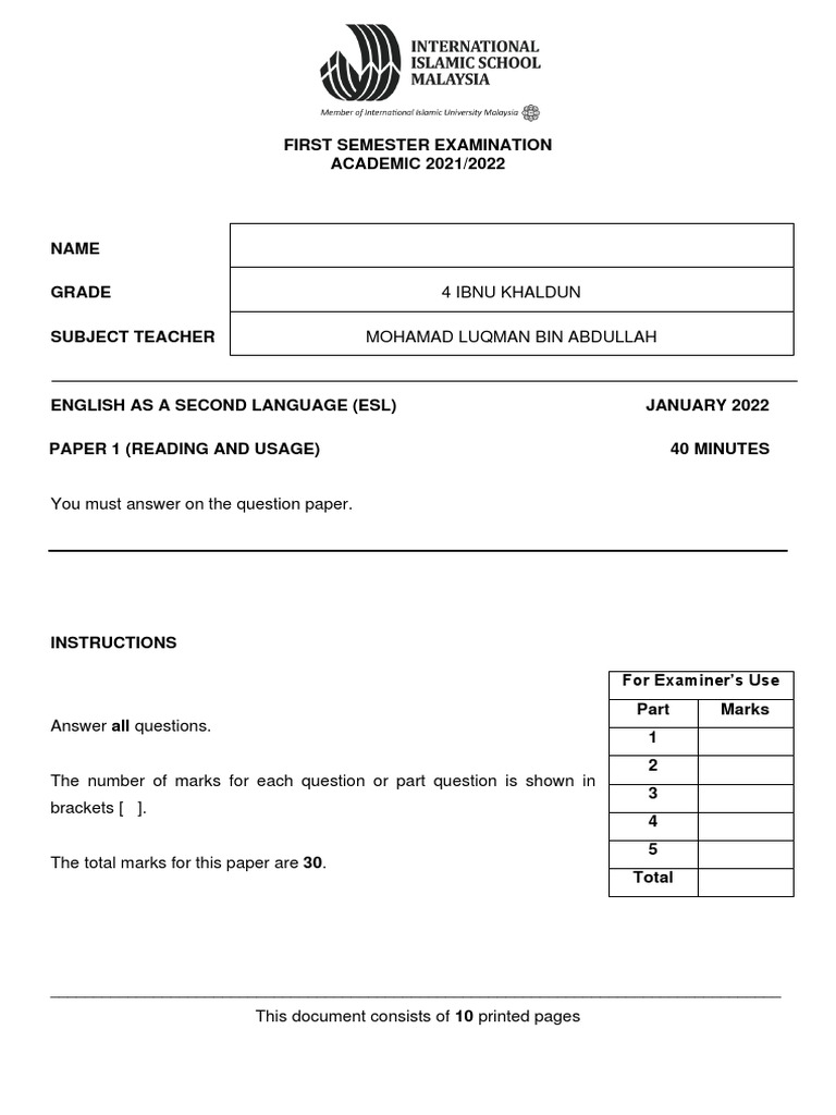 Esl Grade 4 Paper 1 | Download Free PDF | Ellipsis | English As A ...