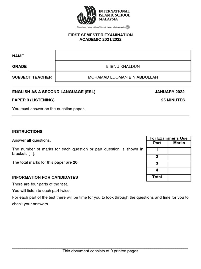 ESL Grade 5 Paper 3 Updated | PDF
