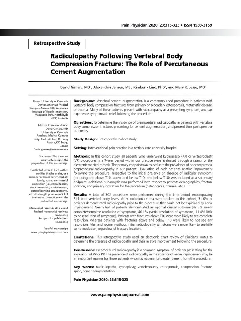Radiculopathy Following Vertebral Body Compression Fracture - The Role ... Radiculopathy Following Vertebral Body Compression Fracture - The Role ...