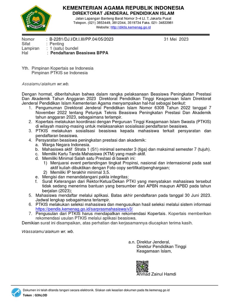 Informasi Beasiswa Peningkatan Prestasi Akademik | PDF