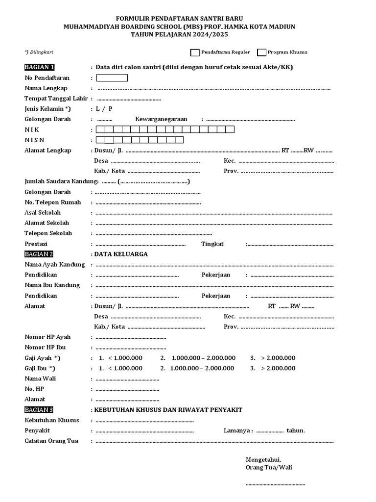 Formulir Pendaftaran Santri Baru | PDF | Griya & Taman