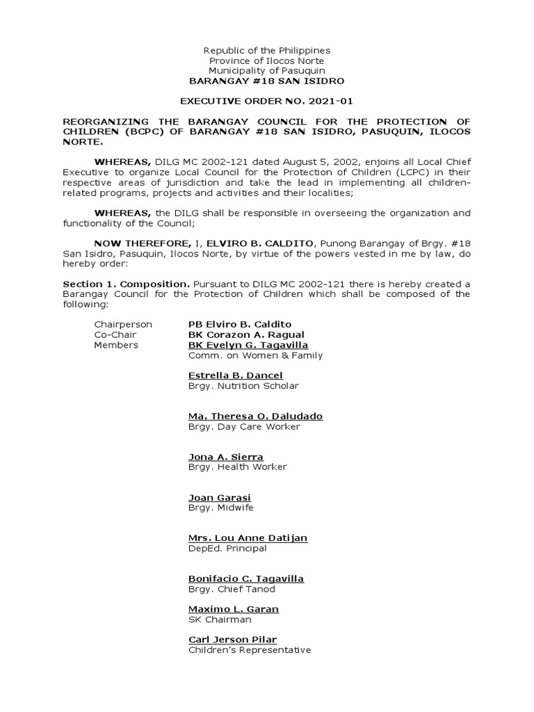 Executive Order 01-2021 BCPC | PDF | Government