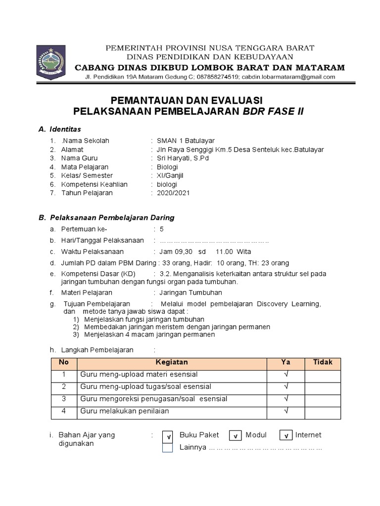 Evaluasi BDR Biologi SMAN 1 Batulayar | PDF