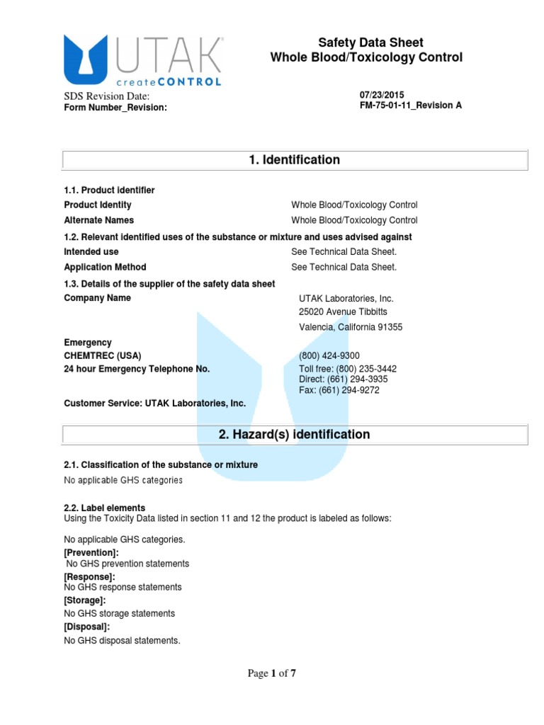 Whole Blood Toxicology Control SDS | PDF | Workplace | Working Conditions