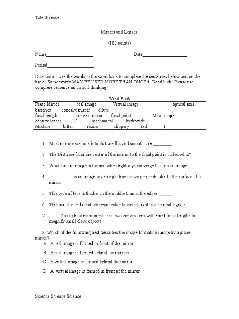 MirrorsandLensesQuiz 1 | PDF | Mirror | Optics