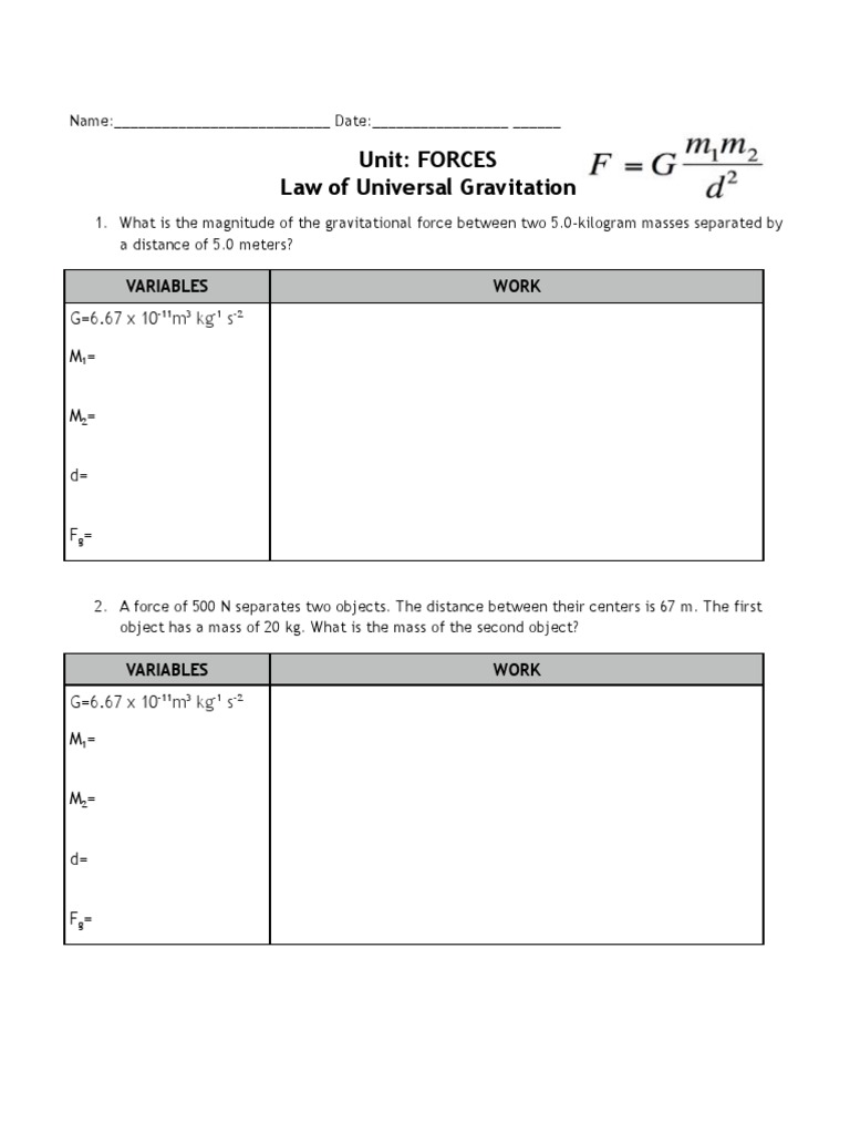 Unit: FORCES Law of Universal Gravitation: Variables Work | PDF