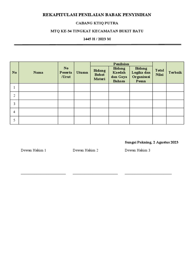 Rekapitulasi Penilaian MTQ | PDF