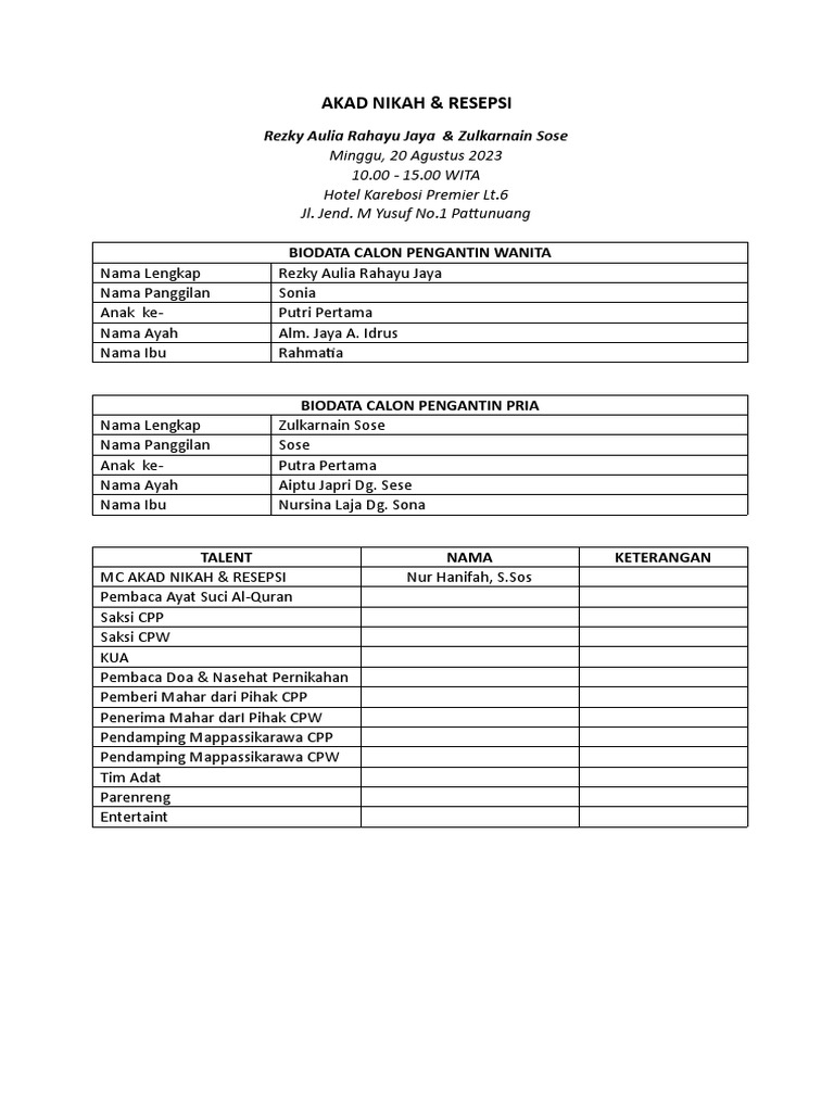 Susunan Acara Akad & Resepsi | PDF