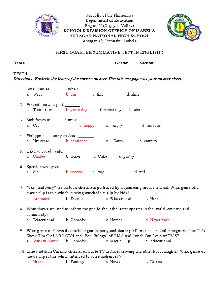 English Summative Test | PDF