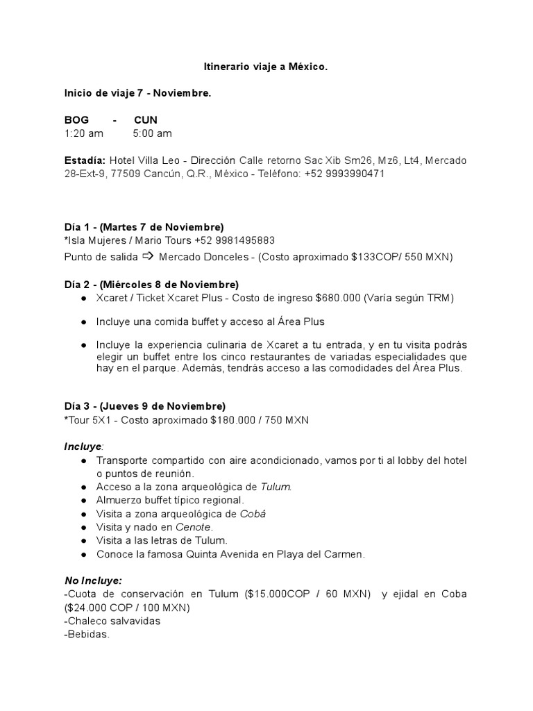 Itinerario Viaje A México | PDF
