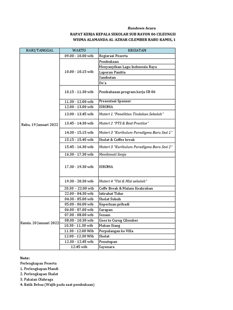 Jadwal Acara Raker SR 06 Cileungsi New | PDF