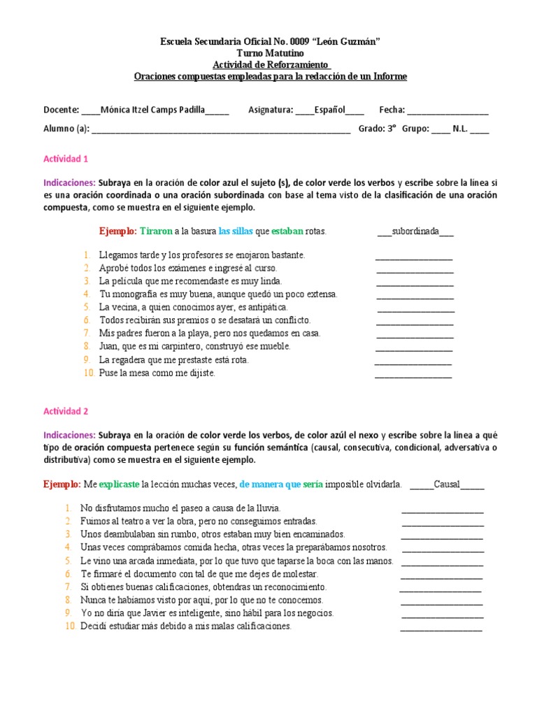 examen de oraciones. | PDF