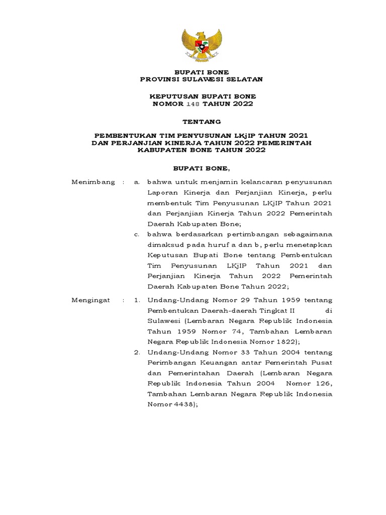 2sk Tim Penyusunan Lkjip Tahun 2021 Dan Perjanjian Kinerja 2022 Pemerintah Daerah | PDF