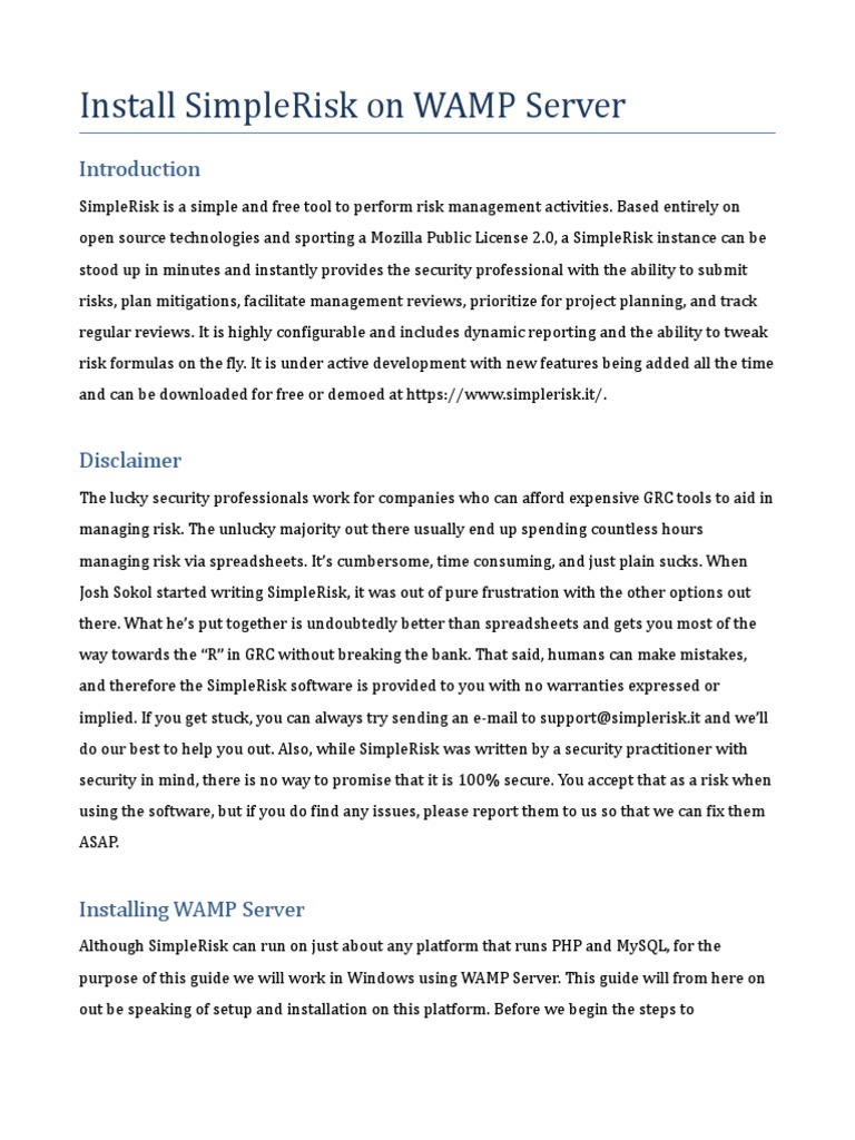 Install SimpleRisk on WAMP Guide | PDF | Installation (Computer Programs) | World Wide Web