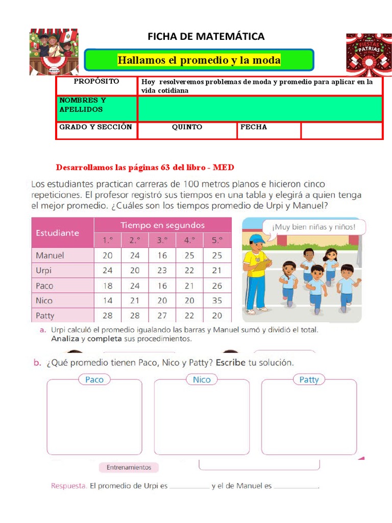 5to - FICHA DIA 02 - MAT - Hallamos El Promedio y La Moda | Descargar ...