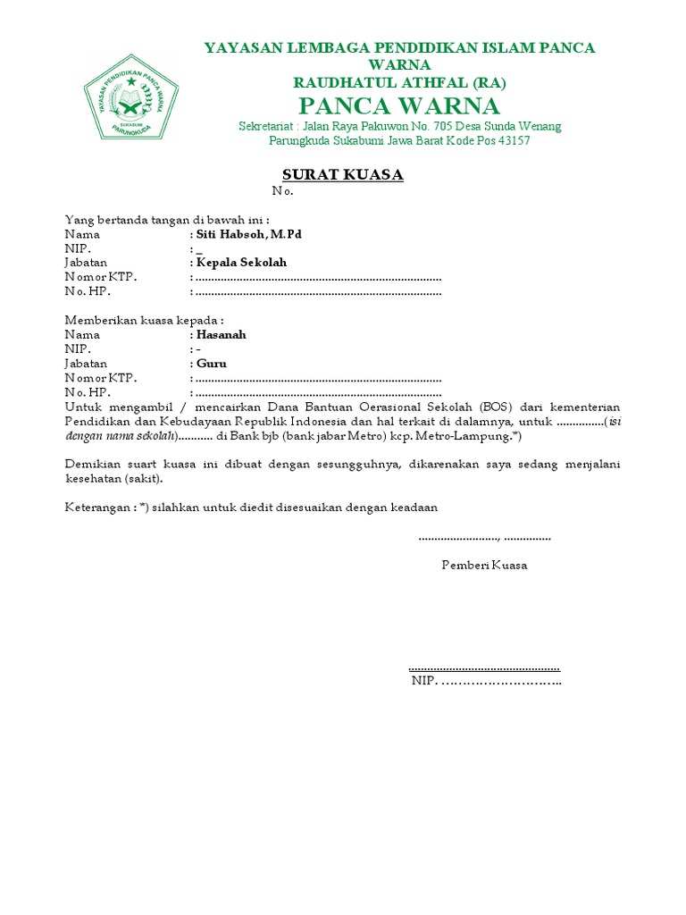 Surat Kuasa Pengambilan Dana Bos Terbaru | PDF