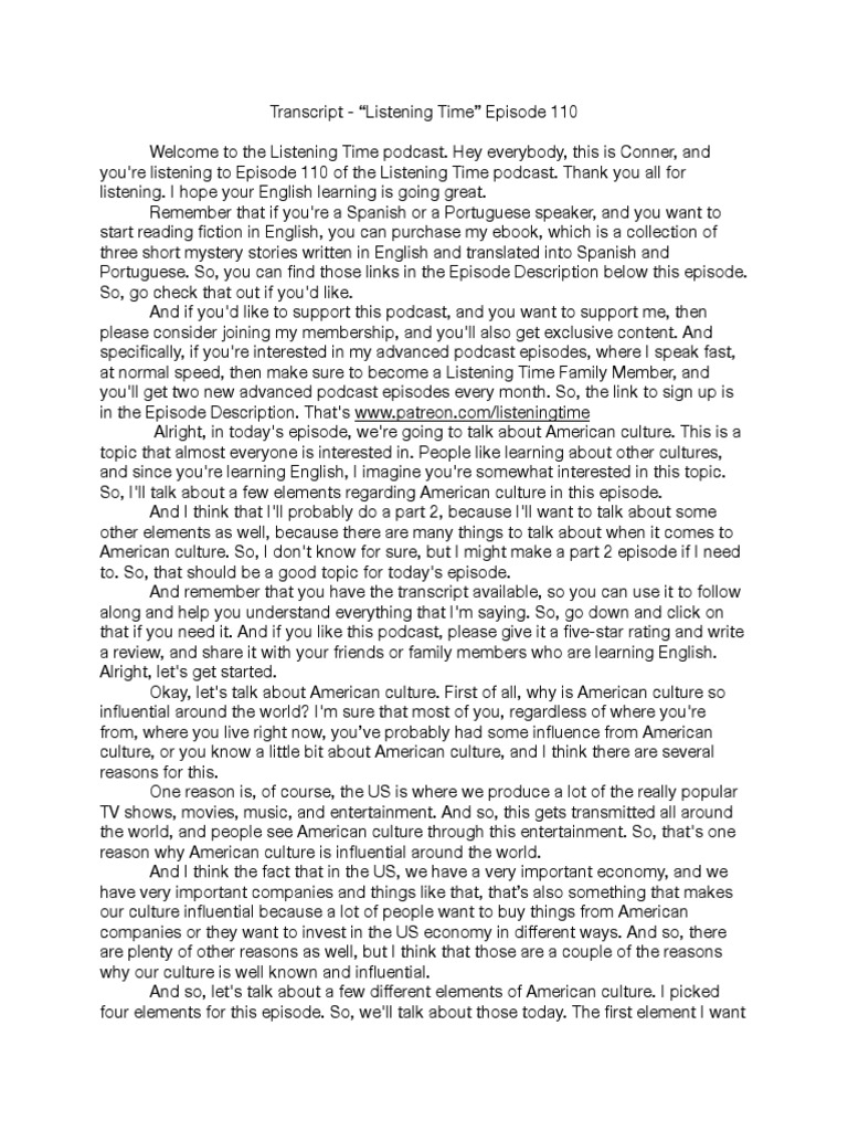 Episode 110 Transcript - Listening Time | PDF